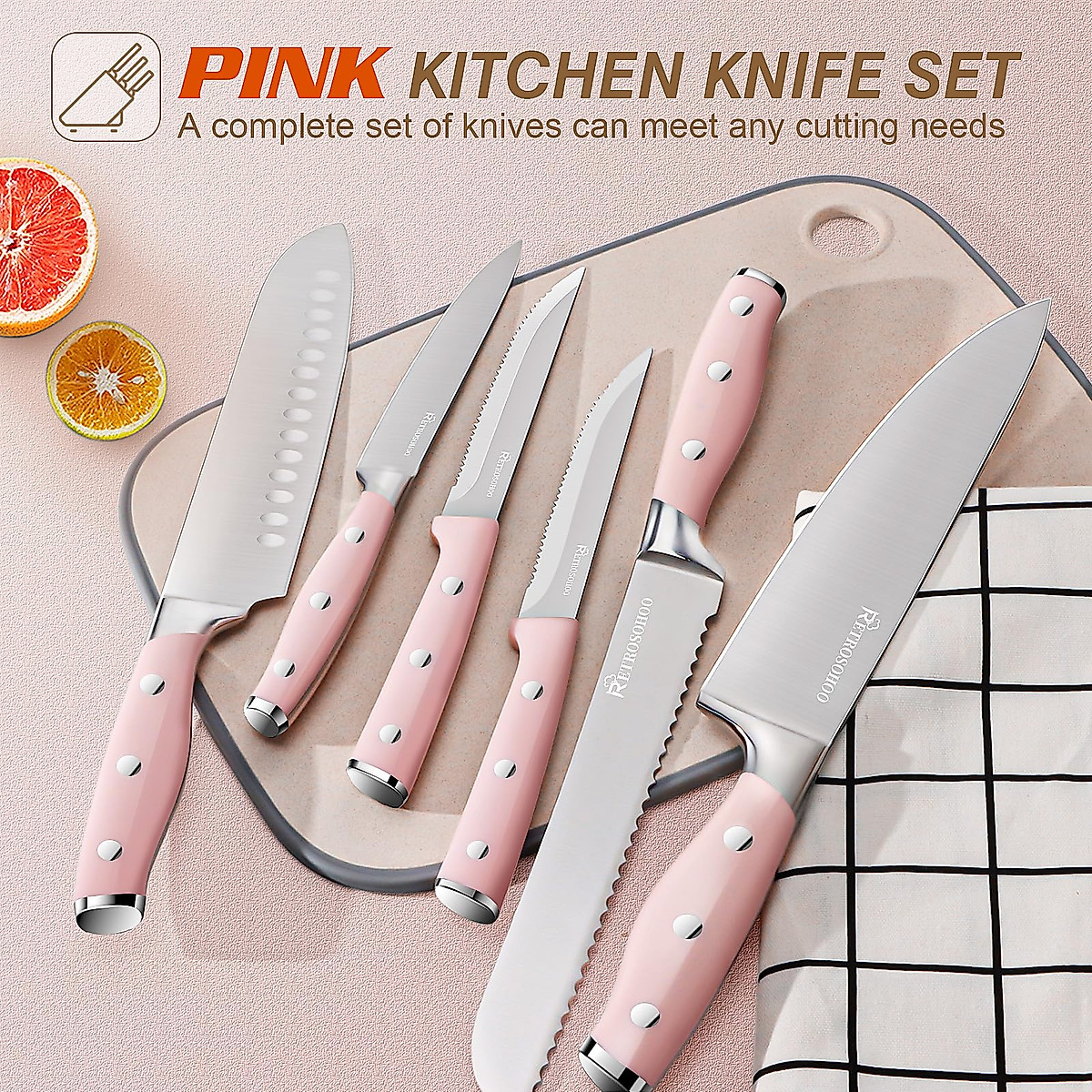 Pink Knife Set,15 Pieces Professional Kitchen Knife Set with Universal Knife Block, Super Sharp Knife Set with Ergonomic Handle Non-stick Stainless Steel Knife Block Set (Pink-15 Pieces)
