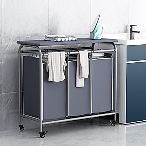LINZINAR 3 Bag Laundry Basket Sorter Heavy Duty Rolling Lockable Wheels Laundry Hamper Cart with Ironing Board and Removable Bags, Grey