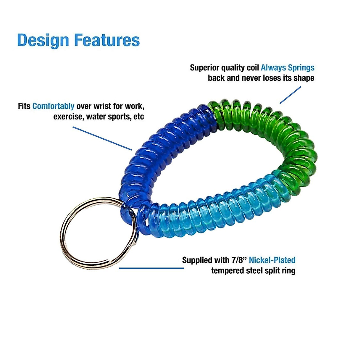 Lucky Line 2” Spiral Wrist Coil with Steel Key Ring, Multi-Color Flexible Wrist, Band Key Chain Bracelet, Stretches to 12”, Blue, Dark Blue,Green 1 PK (4103341)