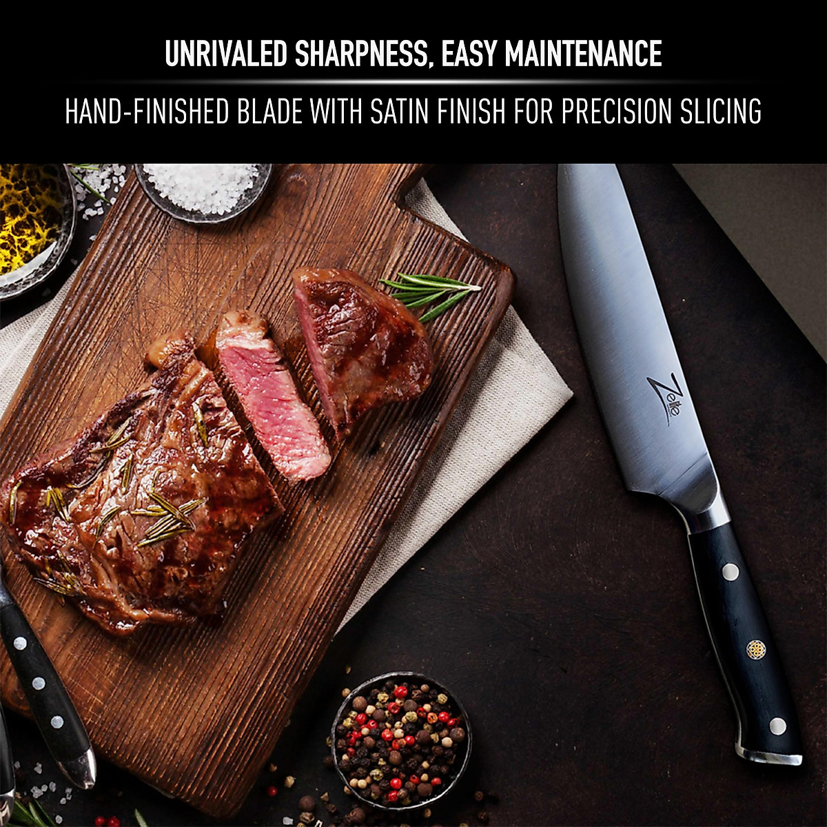 Zelite Infinity 8 Inch Chef Knife with Sheath - German High Carbon Stainless Steel Chef's Knife for Kitchen; Razor Sharp Cutting Knife with Paccawood Handle - Comes in Luxurious Gift Box