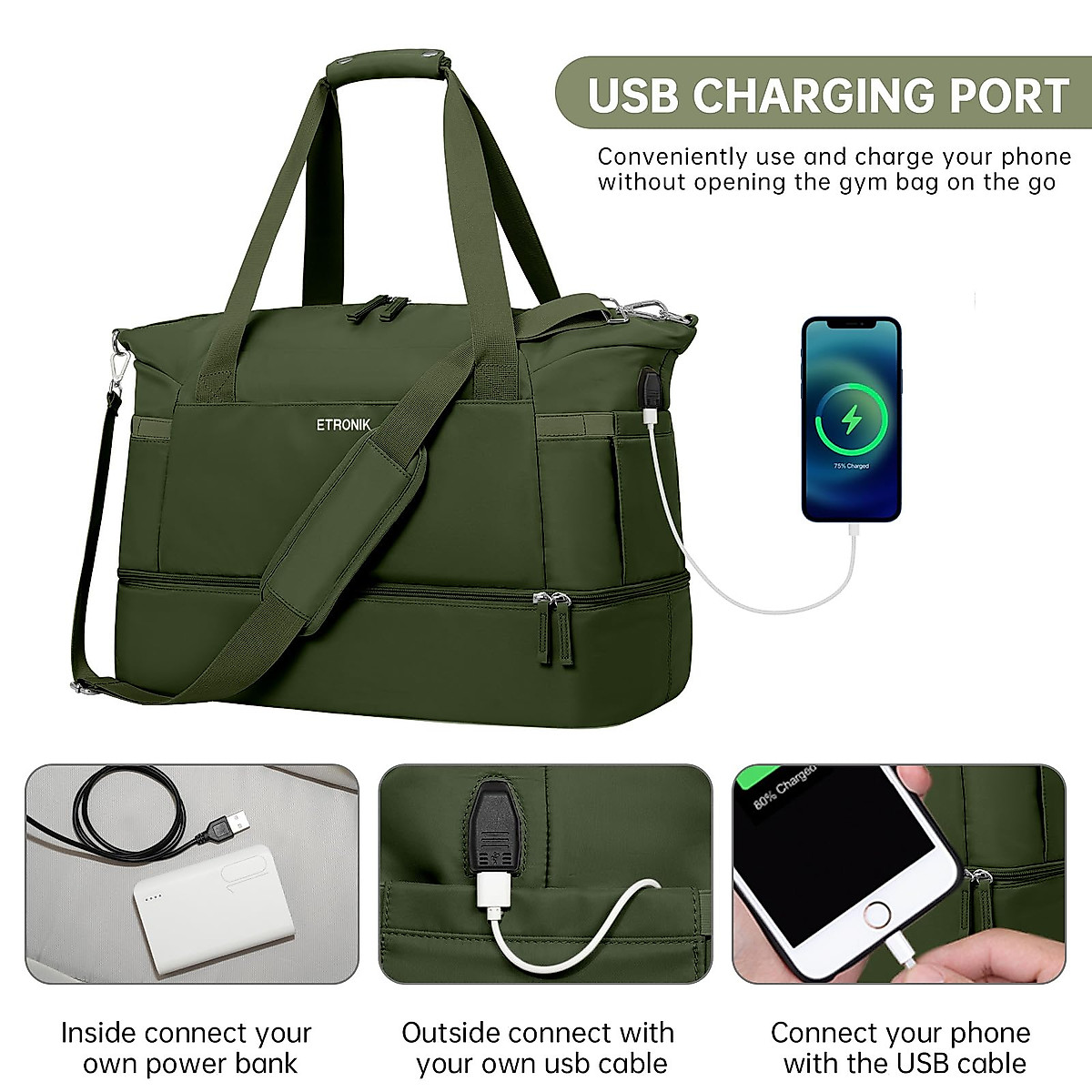 ETRONIK Gym Bag for Women, Travel Duffel Bag with USB Charging Port, Weekender Overnight Bag with Wet Pocket and Shoes Compartment for Women, Travel, Gym, Yoga (Army Green)
