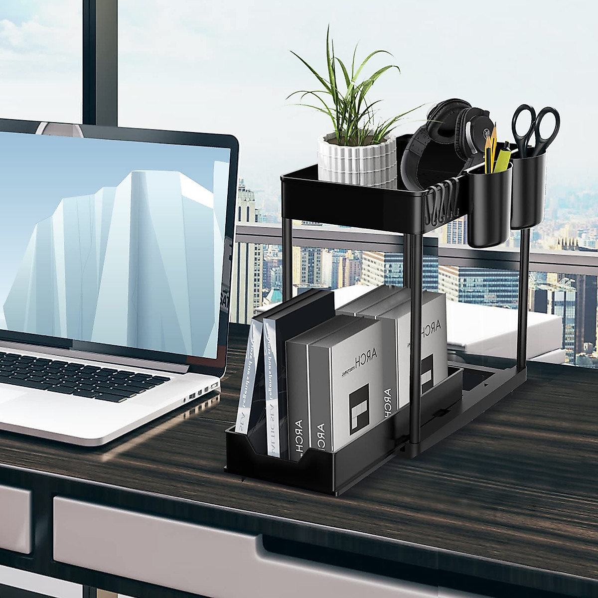 Wohingo Under Sink Sliding Organizers，2 Tier Home Under Cabinet Basket Organization and Storage Rack,Multi-purpose Countertop Storage Shelf for Bathroom Kitchen