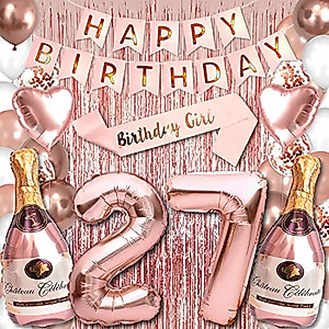 27th Birthday Party Decorations for Her Rose Gold Supplies Big Set with Birthday Banner and 27 BDay Digit Balloons for Women Including Latex and Confetti Balloons