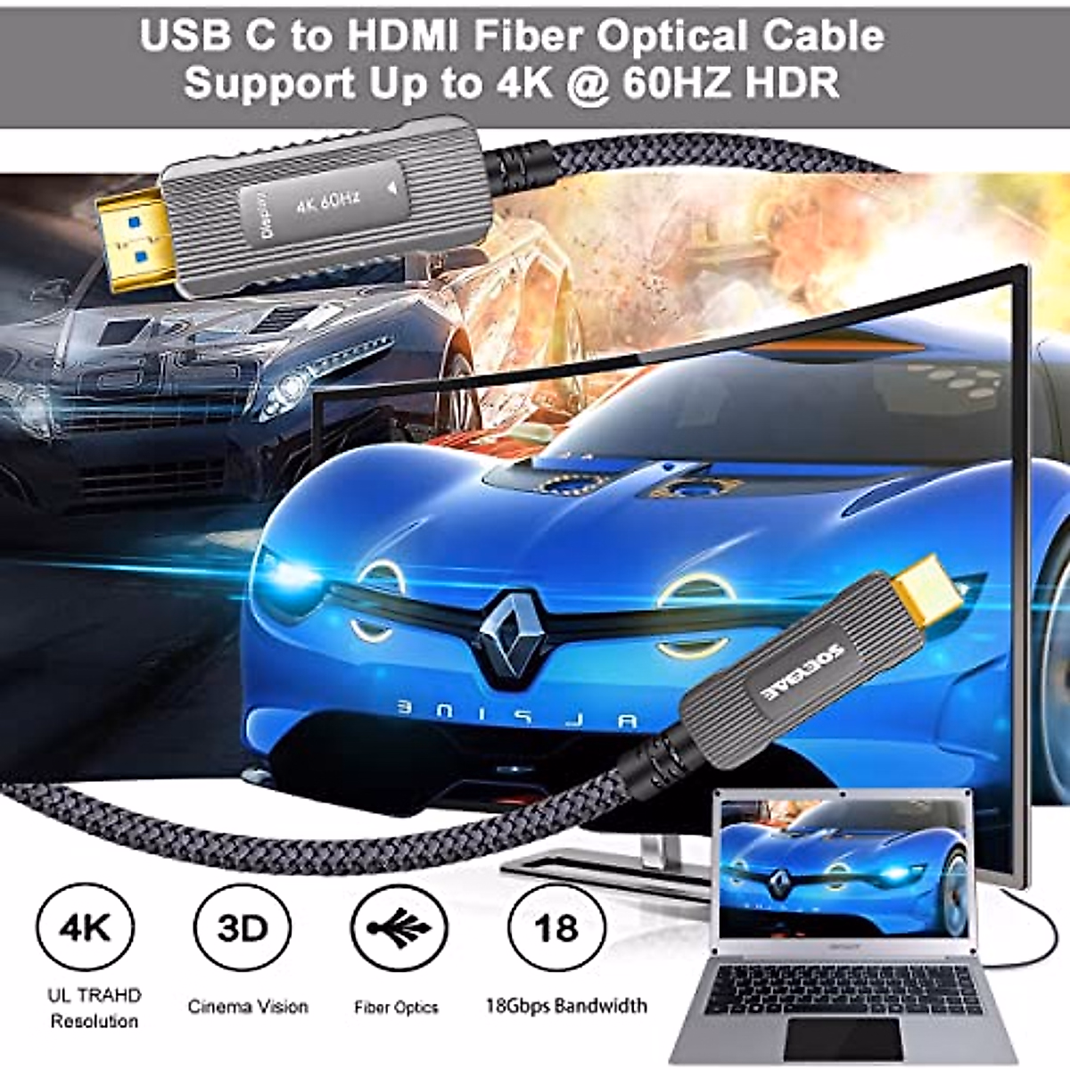 SOEYBAE USB C to HDMI Cable 30ft/10m, USB 3.1 Type C to 4K Fiber Optic HDMI Cable, Thunderbolt 3/4 Compatible, for MacBook Pro/Air 2020, iPad Pro 2021/2020, Surface Book 2, XPS