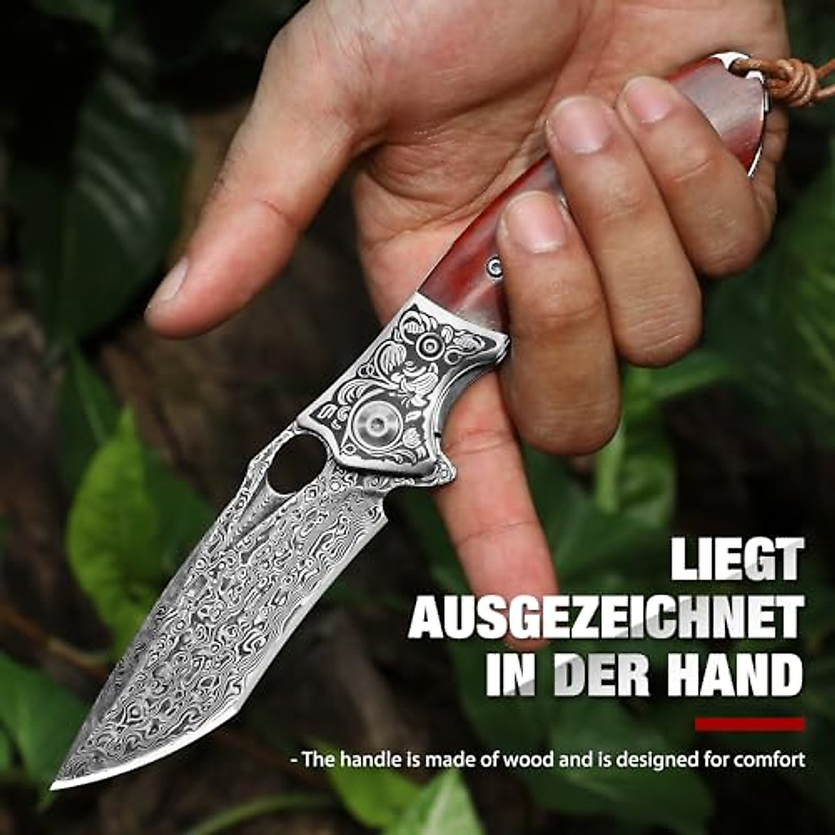 DRACHENADER Knife Damascus Pocket Knife Damascus Steel with Beautiful Leather Sheath, Outdoor Folding Knife Vg10 Core Wooden Handle Gift for Knife Lovers and Outdoor Enthusiasts