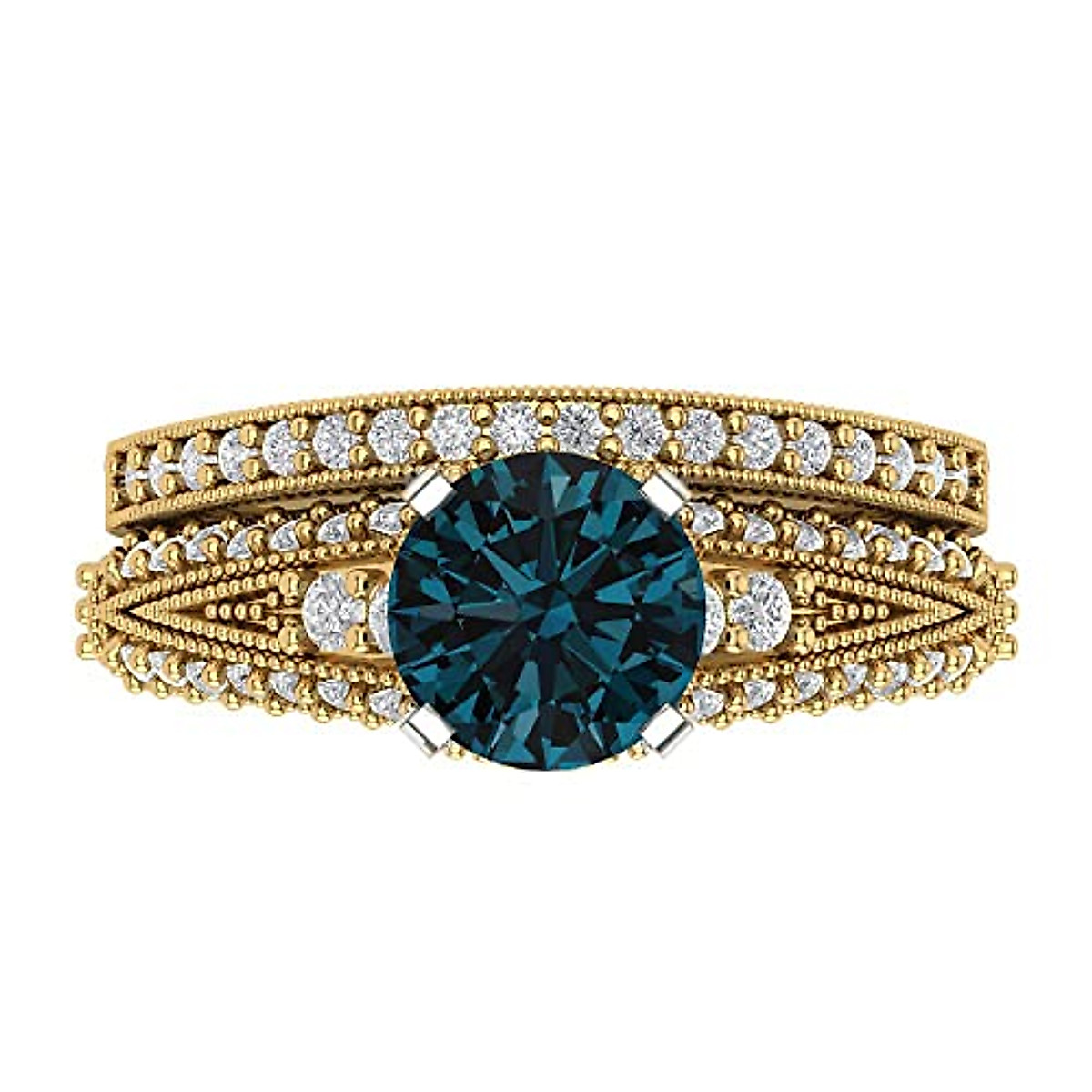 Clara Pucci 2.07ct Round Cut Pave Solitaire with Accent Natural London Blue Topaz Statement Bridal Ring Band Set 14k 2 Tone Gold 8.5