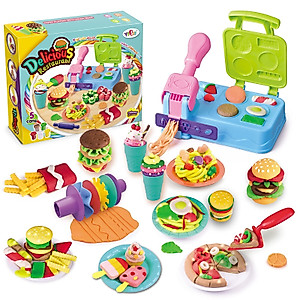 YiQis Kitchen Creatiocns Super Chef Suite Playset,Playdough Sets for Kids Ages 2-4,Preschool Cooking Play Food Toy 40 Accessories & Tools,5 Cans 2 oz Compound Dough Colors Sets for Kids 4-8