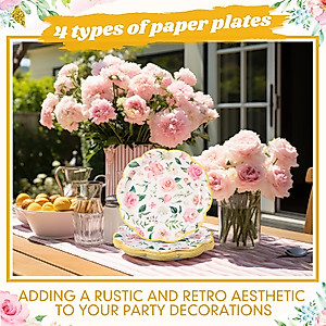 Pickmesh 60 Pcs Floral Paper Plates 7 Inches Floral Party Plates Pink Floral Disposable Dinner Plates Gold Foil Edge Paper Plate Tea Party Decoration for Baby Shower Bridal Shower Birthday Wedding