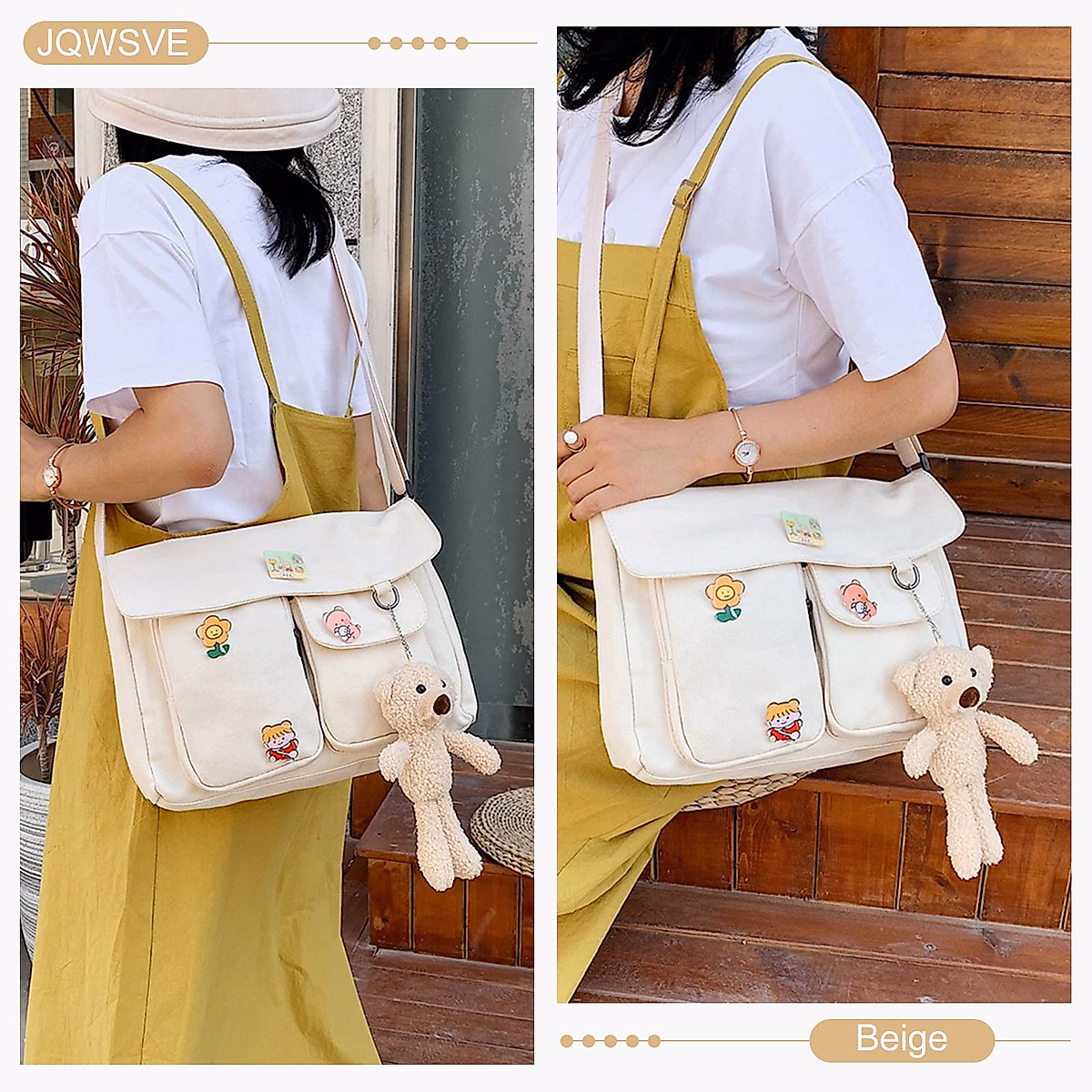 Canvas Crossbody Bag with Kawaii Pins and Pendent for Women Casual Shoulder Messenger Bag Ladies Canvas Shoulder Bag
