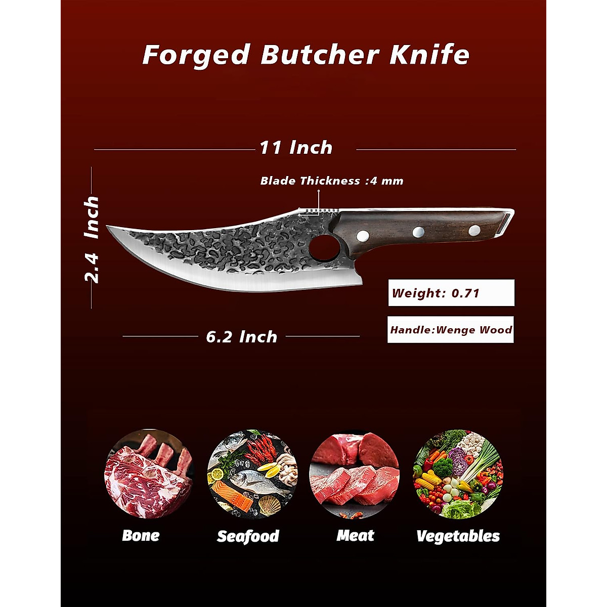 ohmonlyhoo Butcher Knife for Meat Cutting, Chopping, Dicing, Mincing- 12.2" Butcher Knife Made with Hand Forged HC Steel for Home Outdoor Camping BBQ Christmas Thanksgiving Gift Idea