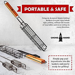 Gnome Mames Kabob Grilling Baskets - Set of 8 Large BBQ & Veggie Grill Baskets + Stainless Steel Skewers - Silicone Basting Brush - Easy Vegetable & Meat Removal with No Mess Slider - Basket Lid Holds Ingredients- Gifts For Father, Dad, or Husband-BBQ Gri
