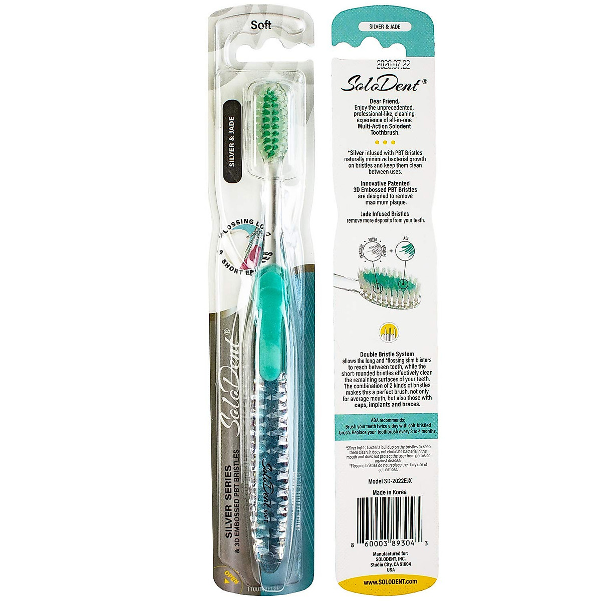 Solodent Toothbrush Soft, Silver & Jade Flossing Bristles (Pack of 2) Colors May Vary
