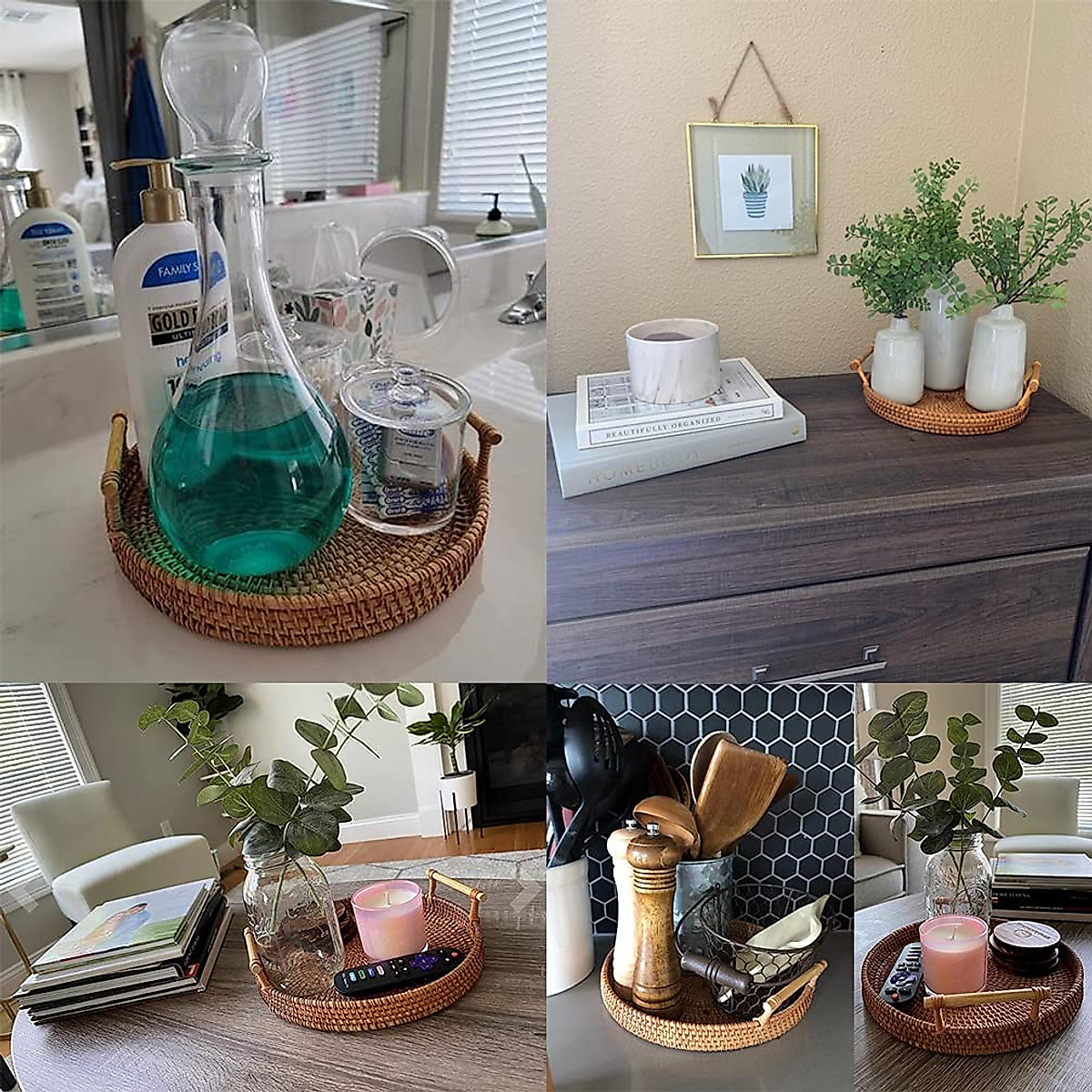 Handmade Rattan Round Woven Basket, Round Serving Tray with Handles, Food Serving Baskets, Basket, Great to Display Bread Or Fruit (10.6", 1pc)