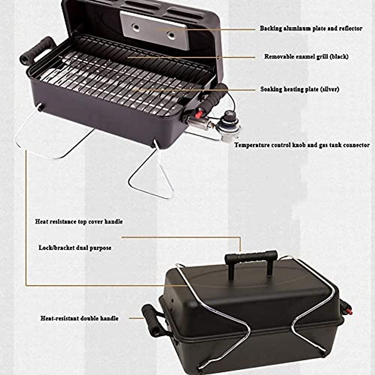 Portable Gas BBQ Grill, Outdoor Grill And Stove, Small Gas Barbecue, for Garden, Patio, Backyard, Camping, Black