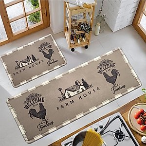AQQA Kitchen Mat, Anti Fatigue Rooster Buffalo Plaid Sunflower Farmhouse Rugs, Waterproof & Non-Slip PVC Leather Floor Mat for Kitchen, Sink, Office, Laundry, Set of 2 (Brown, 17"x27"+17"x47")