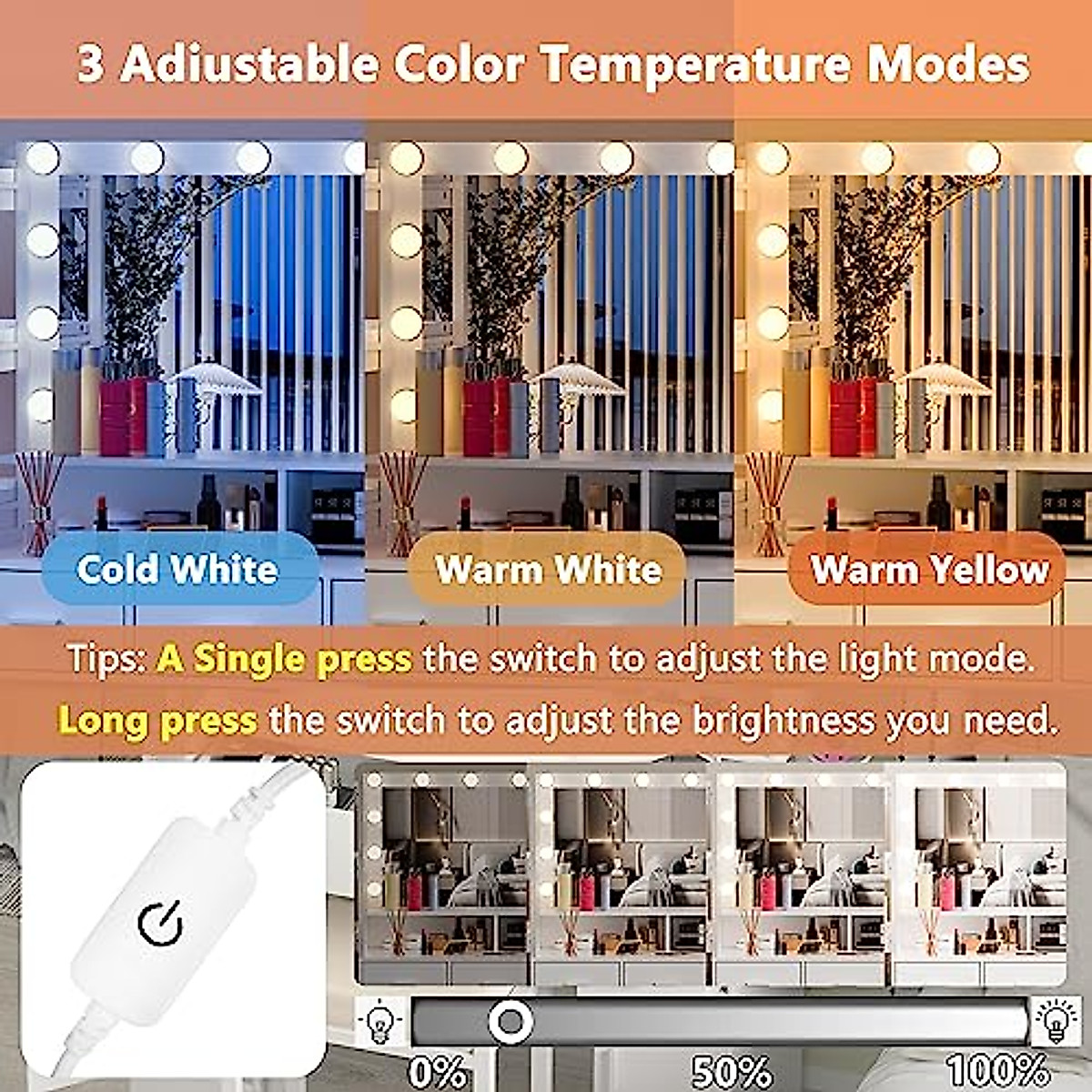 PAKASEPT Makeup Vanity Desk with Mirror and Lights, Vanity Desk with Charging Station, Drawers, Movable Shelves for Makeup, Modern Vanity Table Set with Vanity Stool for Bedroom, White