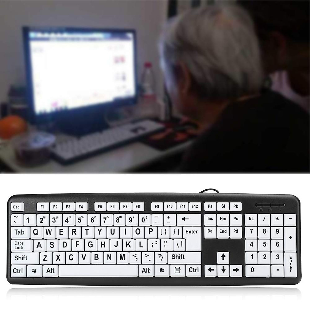 Elderly Keyboard, 104 Keys QWERTY Layout Keyboard Large Font Print USB Wired Keyboard Standard Full Size Computer Keyboard for Old People(1.35M Cable)(Black)