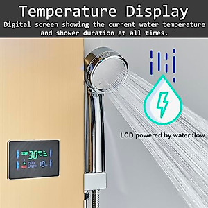FCOTEEU Brushed Gold Shower Panel with Rainfall Waterfall Shower Head, 6 Adjustable Body Massage Jets Handheld Temperature Dispaly, Wall Mounted Stainless Steel Shower Column Tower