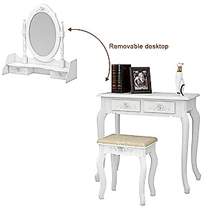 JXMS Makeup Mirror Desk Chair 3Pc Vanity Desk Set Makeup Storage Organizer Computer Desk Dresser with Cushioned Stool for Bedroom Swivel Mirror Modern Vanity 4 Drawers -White Without Lights