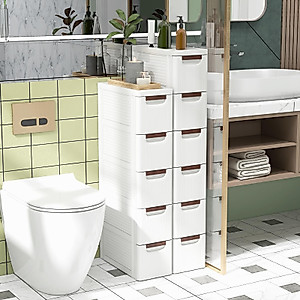 Byroce Slim Storage Drawers, Plastic Organizers w/Hidden Wheels for School Supplies, Crafts, Files & Towels, Under Table Rolling Cart for Dorm, Home & Office (7.5" x 16.5" x 43" (6 Drawers))