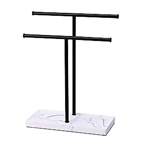 LKKL Hand Towel Holder - Double T Hand Towel Holder for Bathroom - Countertop Towel Stand Free Standing Towel Rack Bathroom Towel Hanging Rack with Resin Tray Base(Black/White)