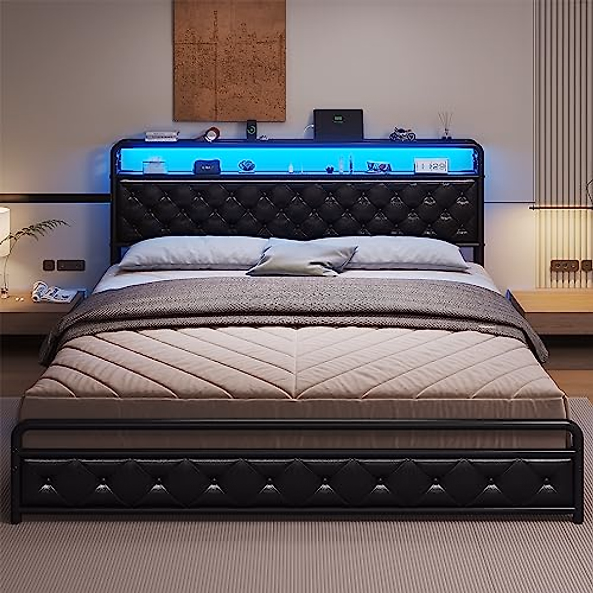 BTHFST King Size Bed Frame with Built-in LED Light Headboard, USB Ports & Outlets, Faux Leather Upholstered King Platform Bed Frame with Diamonds Tufting Design, Super Sturdy Bed Foundation, Black