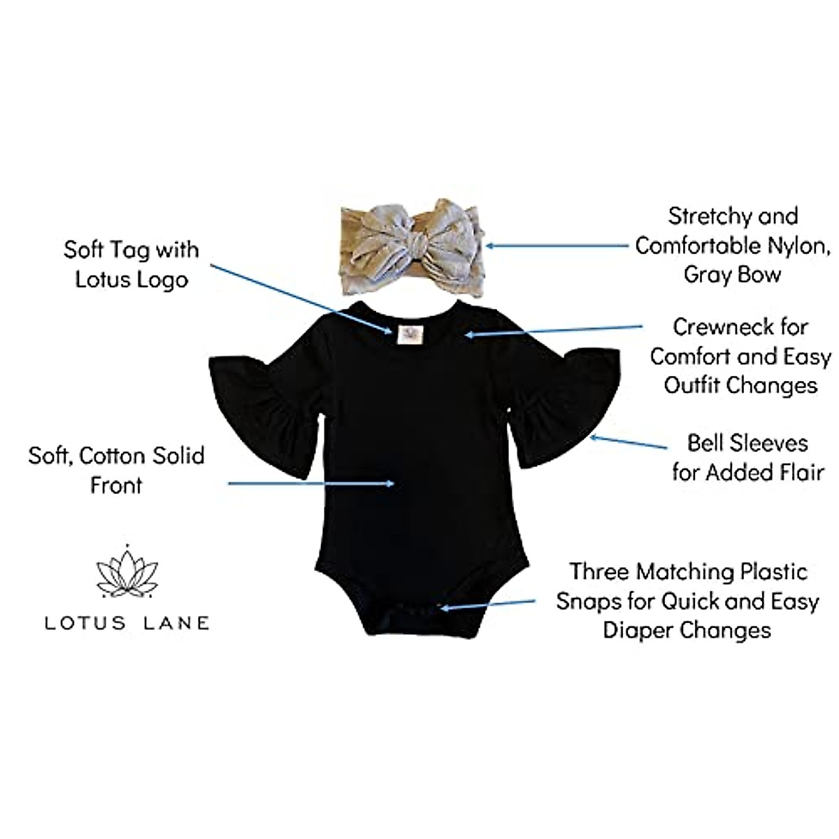 Lotus Lane Baby Onesie Black Onesie Bell Sleeve Romper Flared Ruffle Bodysuit Stretchy Big Bow Headband Outfit