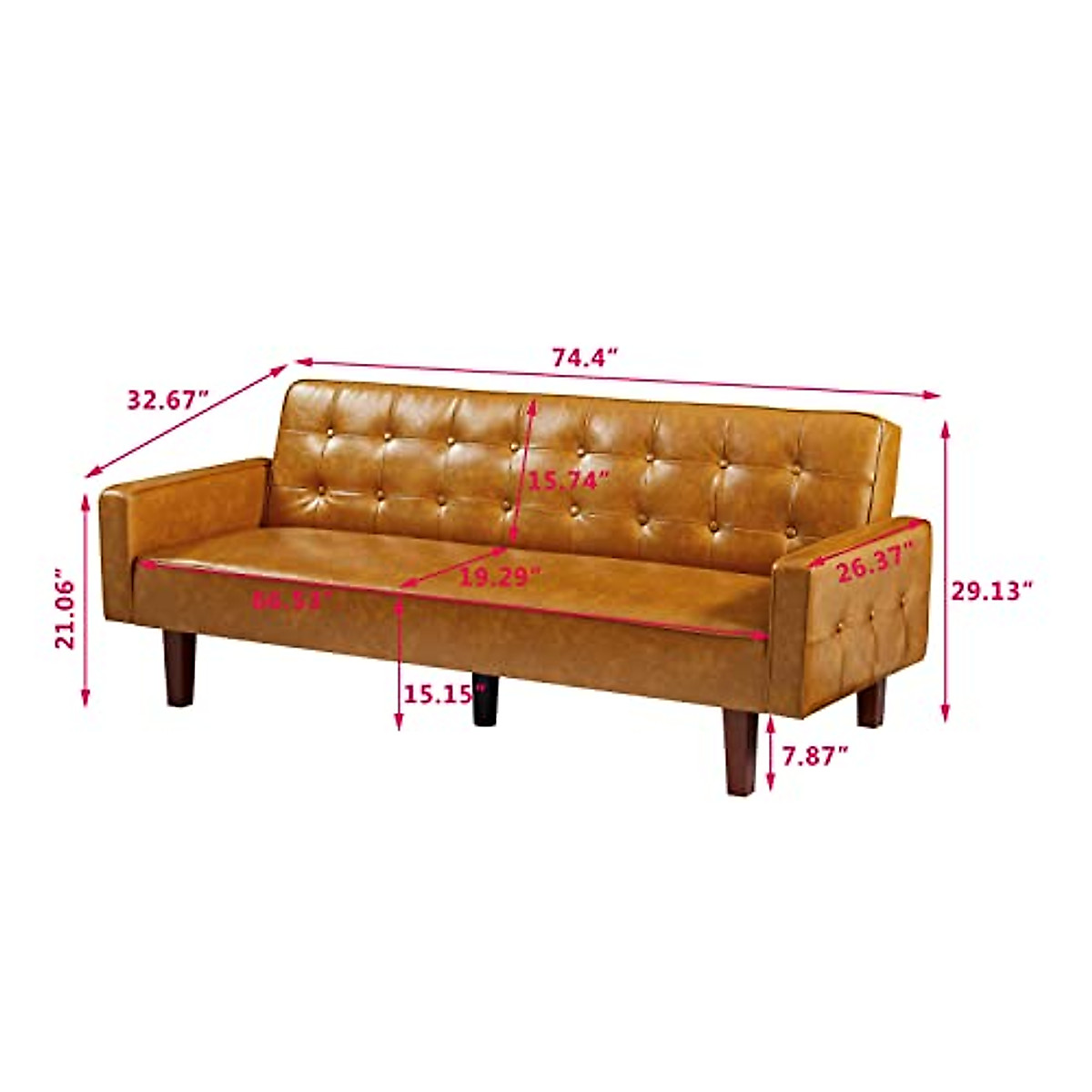 Eafurn 74.41" Faxu Leather Upholstered Futon Bed, Deep Button Tufted Convertible Folding Sleeper Solid Wood Legs, 3 Seater Comfy Soft Sofa & Couches for Living Room Office, Brown PU
