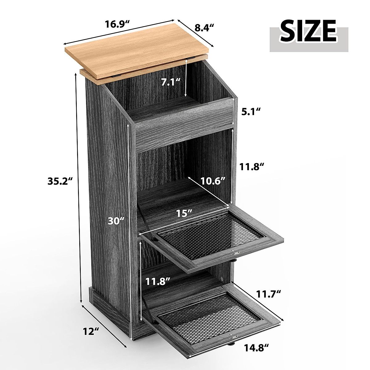 ONG Potato Storage Bins Sets of 2, Wooden Potato Bin Double Bread Storage, Decorative Potato and Onion Storage Bin Set 2, Wood Box with Grocery Section, Wooden Vegetable Storage with Lid,Grey