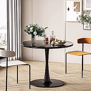 Recaceik Modern Round Dining Table, 31.5'' Tulip Table with MDF Table Top & Metal Pedestal Base for Dining Room Living Room Cafe, Kitchen w/ 0.71” Thickened Tabletop for 2-4 People, Black