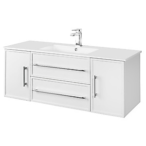 Cutler Kitchen and Bath Milano 48 inch Wall Mounted Bathroom Vanity with Sink, Cultured Marble Top - Bathroom Sink Vanity with Multiple Soft Close Storage Drawers, White