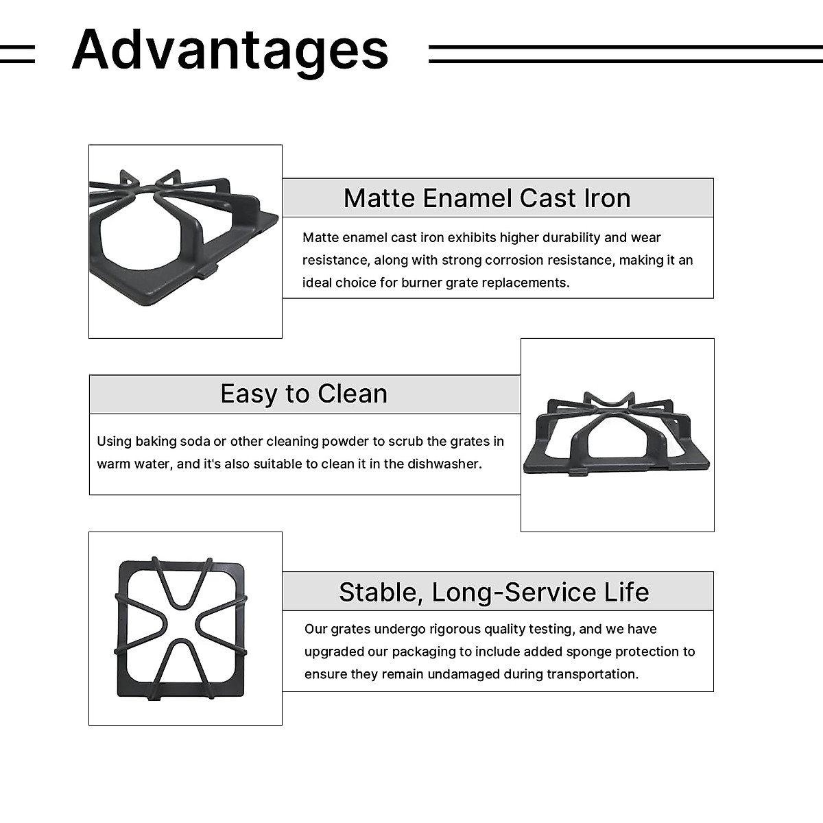 EIOLWJIEO W10447925 Burner Grate Replacement for Whirlpool Range Stove Cooktop, Compatible with Amana, Maytag, Kenmore Gas Stove Top Grate Parts, Matte Enamel Cast Iron Range Burner Rack 4-Pcs