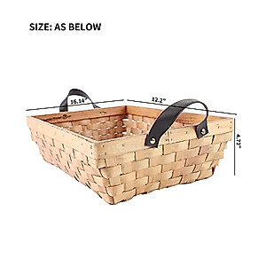 Rectangular Wooden Basket, Natural Hand Woven Storage Basket with Leather Handles for Sundries Toys Fruits