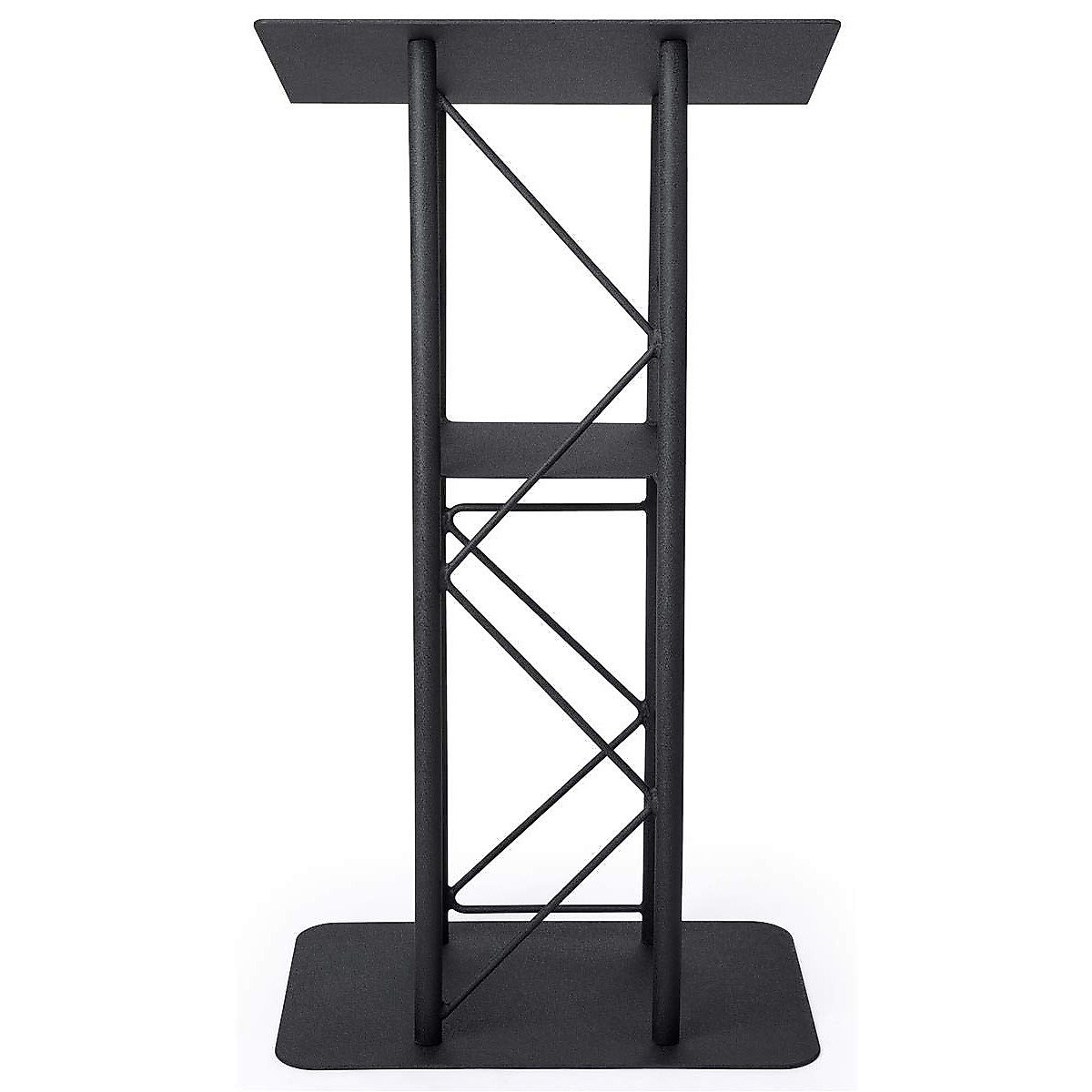 Displays2go Black Aluminum and Steel Truss Lectern with Curved Design and Built-in Shelf, 47-Inch Tall, Textured Finish (LCTTACBK)