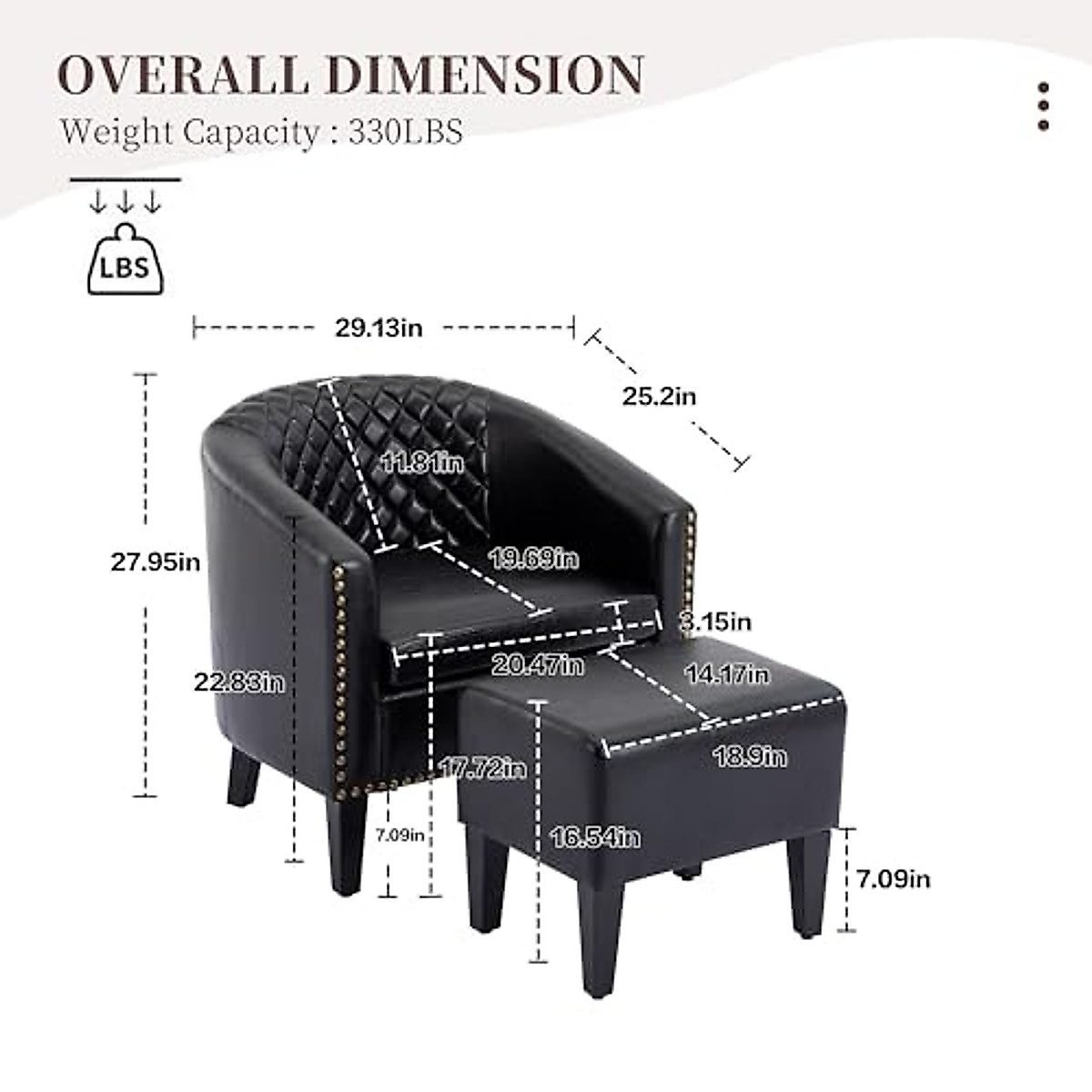 QQU Accent Sofa Chair with Ottoman, Faux Leather Modern Barrel Chair with Iron Legs and Round Arms, Upholstered Chair for Living Room, Bedroom(Black)