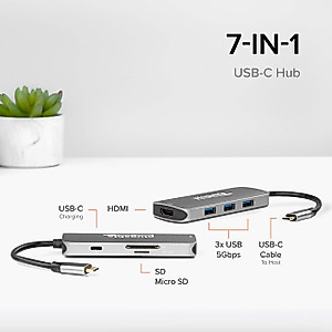 Plugable USB-C Hub 7-in-1, Driverless USB C Hub Compatible with Mac, Windows, Chromebook, USB4, Thunderbolt 4, and More (4K HDMI, 3 USB 3.0, SD & microSD Card Reader, 100W Charging)