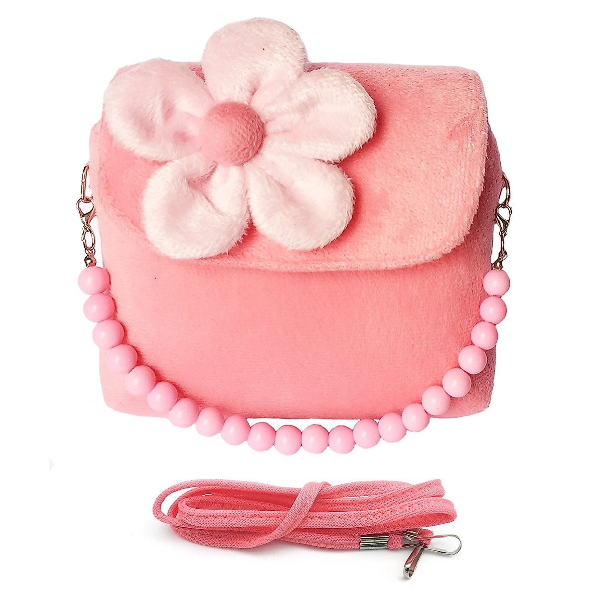 Elesa Miracle Little Girl Handbag Beauty Set Kids Plush Handbag + Flower-Shaped Clip-on Earrings Rings Hair Clips and Hair Ties + Necklace and Bracelet Set (Pink)