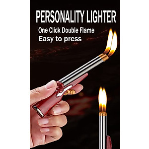 Vbnekose Wood Grain Double-Barrel Butane Lighter, Vintage, Compact, Simulates Double Mouth Open Flame, Press to Ignite, Refillable Adjustable Flame, Gift for Men Candles Camping (No Butane Fuel)