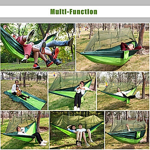IDEALUX Camping Hammock with Net, Lightweight Portable Double Parachute Hammocks, 210T Nylon, High Capacity and Tear Resistance, Perfect for Camping, Backyard Relaxation (Green)