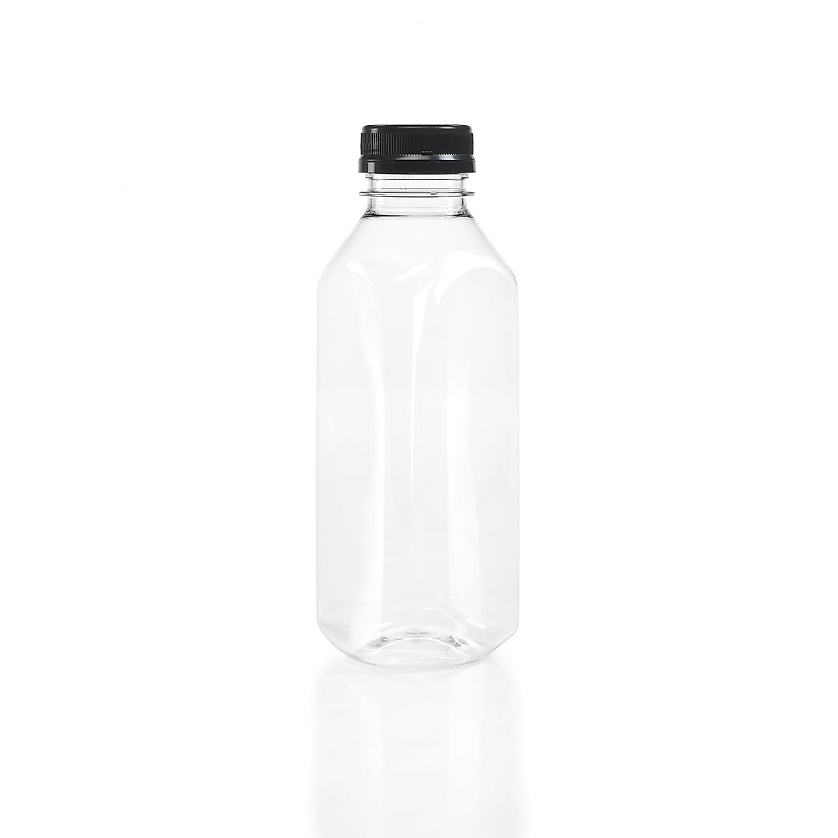 (8) 16 oz. Clear Food Grade Plastic Juice Bottles with Tamper Evident Caps 8/pack (Black Lids)