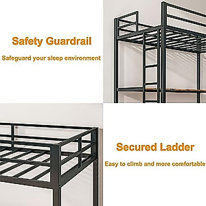 LIKIMIO Loft Bed Twin Size with Desk, Safety Guardrail and Stairs, Metal Loft Bed Frame with Power Outlet and LED Lighted, Space-Saving, Noise Free, Black