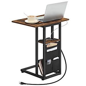 HOOBRO C Shaped Side Table with Charging Station, Foldable End Table with Storage Bag, Sofa Couch Table Snack Table for Small Space in Living Room, Bedroom, Rustic Brown and Black BF101USF01