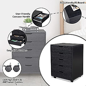 Knocbel Mobile Storage Cabinet with 5 Drawers, Home Office Rolling File Cabinet on Wheels, 19.2" L x 15.9" W x 26.3" H (Black)