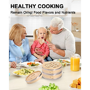 Niuirt Bamboo steamer basket set 8-inch, 2-tier dumpling steamer with side handles and 50pcs paper liners for buns, dim sum, dumplings, vegetables, and seafood.