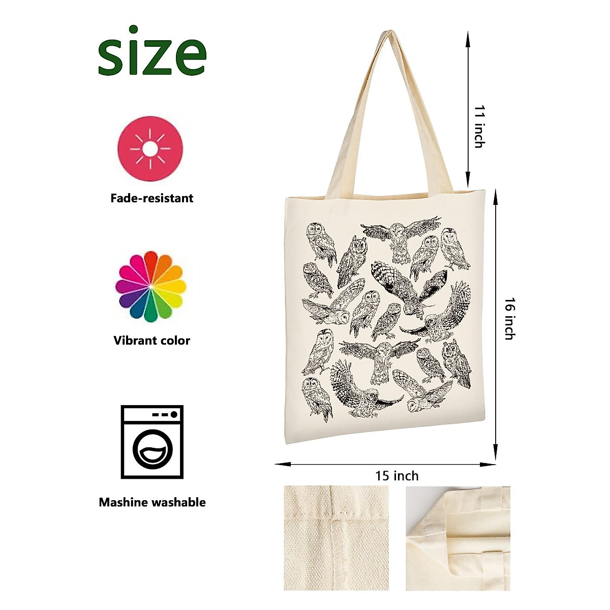 AUSVKAI Canvas Tote Bag Aesthetic for Women, Cute Trendy Owl Hand Drawn Reusable Cloth Cotton Bags with Handle for Grocery College Shopping Beach