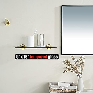 JQK Bathroom Glass Shelf Gold, Tempered Glass Shower Storage 16 by 5 inches, 304 Stainless Steel Brushed Gold Wall Mount, TGS101-BG