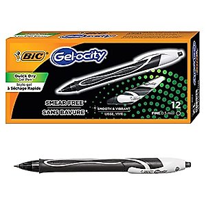BIC Gel-ocity Quick Dry Gel Pen, Fine Point (0.5mm) - Box of 12 Black Gel Pens