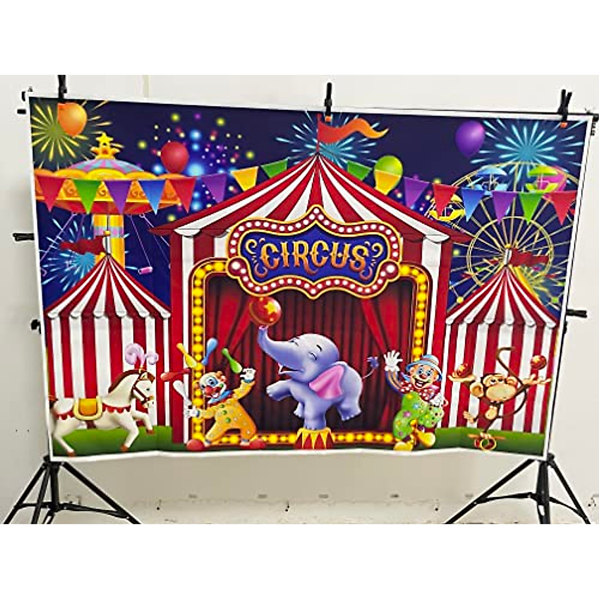GYA Red Circus Backdrop Amusement Park Tents Stratus Playground Carnival Carousel Kids Boy Girl 1st First one Birthday Party Background Photo Baby Shower, 7x5FT(width 210cm x Height 150cm)