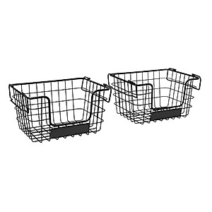 Stacking Wire Market Baskets with Chalk Label - Set of 2 - Fruit Vegetable Produce Metal Storage Bin for Kitchen Counter - Pantry Cabinet - Bathroom Shelves - Metallic Black
