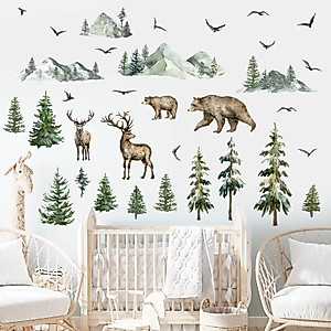 Mountain Wall Decals Large Pine Tree Wall Decals Peel and Stick Forest Tree Deer Birds Animal Wall Decals Mountain Tree Wall Stickers for Kids Room Nursery Decor